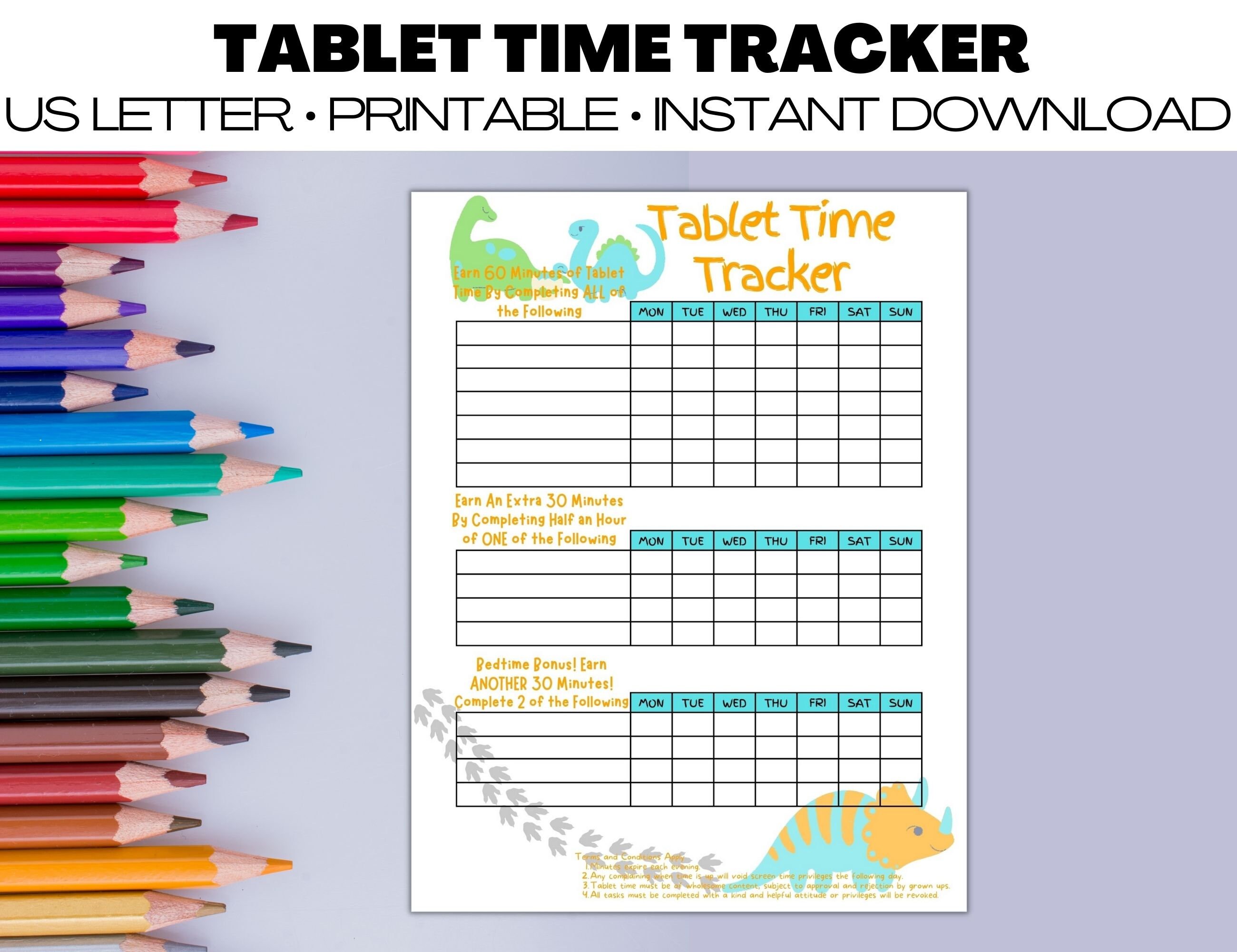 Screen Time Chart, Printable Dinosaur Themed Tablet Time Tracker, Kid's ...