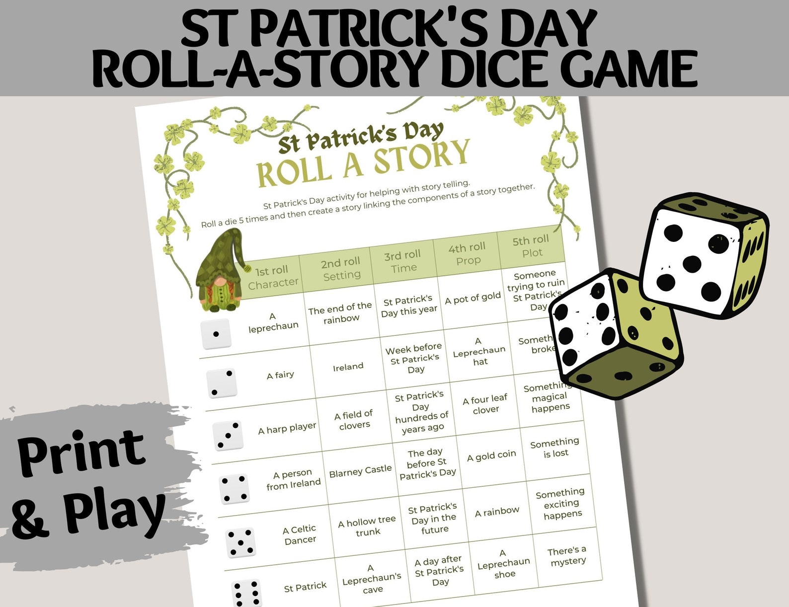 St Patrick's Day Roll A Story Dice Game, Printable Creative Story ...