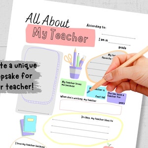 All About My Teacher, Printable Teacher Appreciation Gift, DIY Present ...