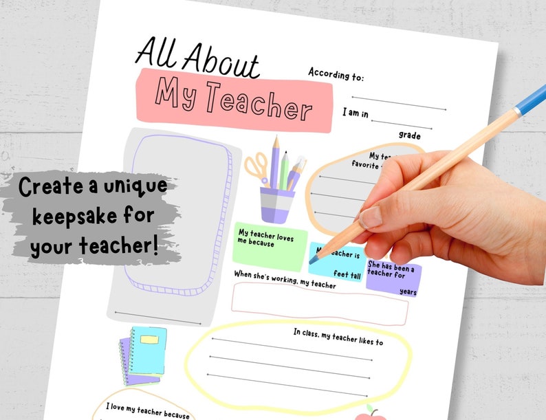 All About My Teacher, Printable Teacher Appreciation Gift, DIY Present ...