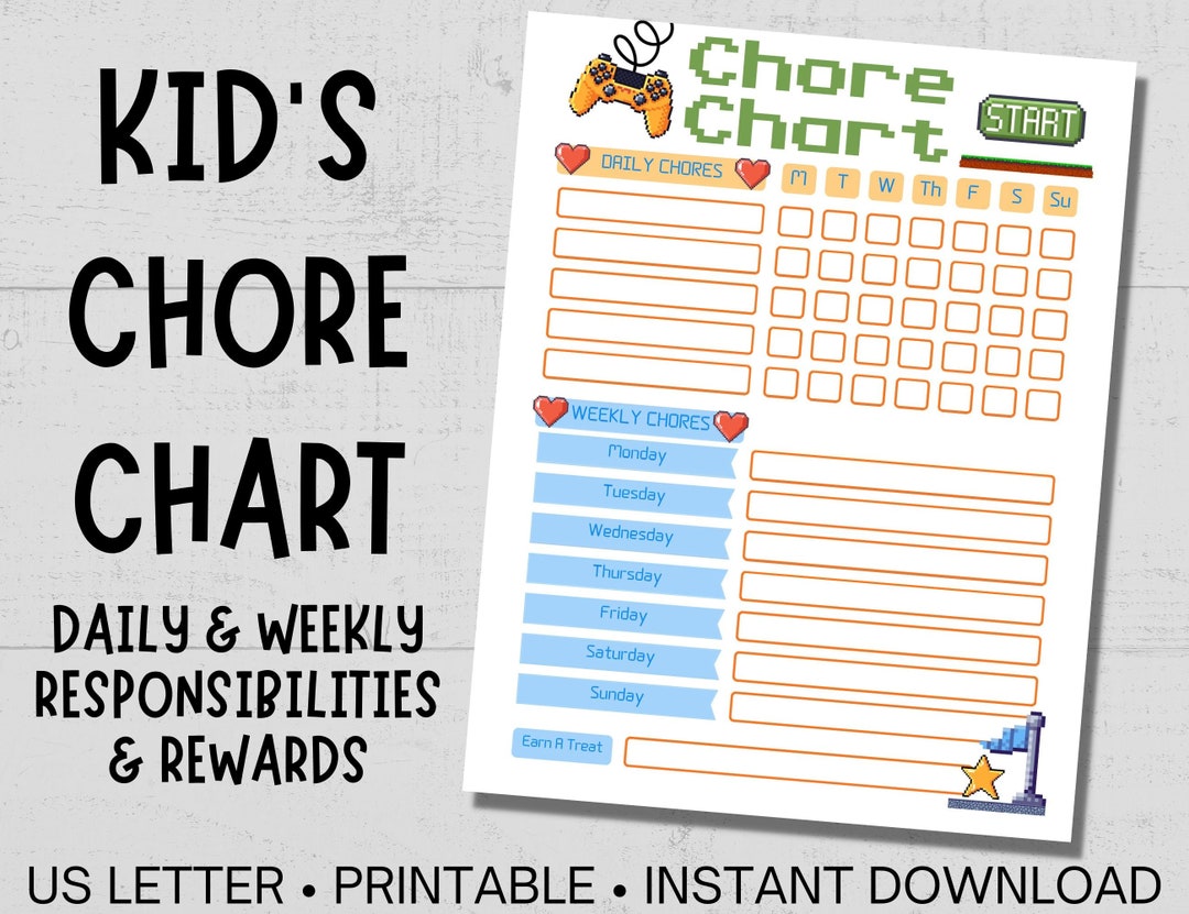 Gamer Chore Chart for Kids, Printable Responsibility Tracker and Reward ...