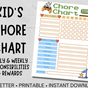 Gamer Chore Chart for Kids, Printable Responsibility Tracker and Reward ...