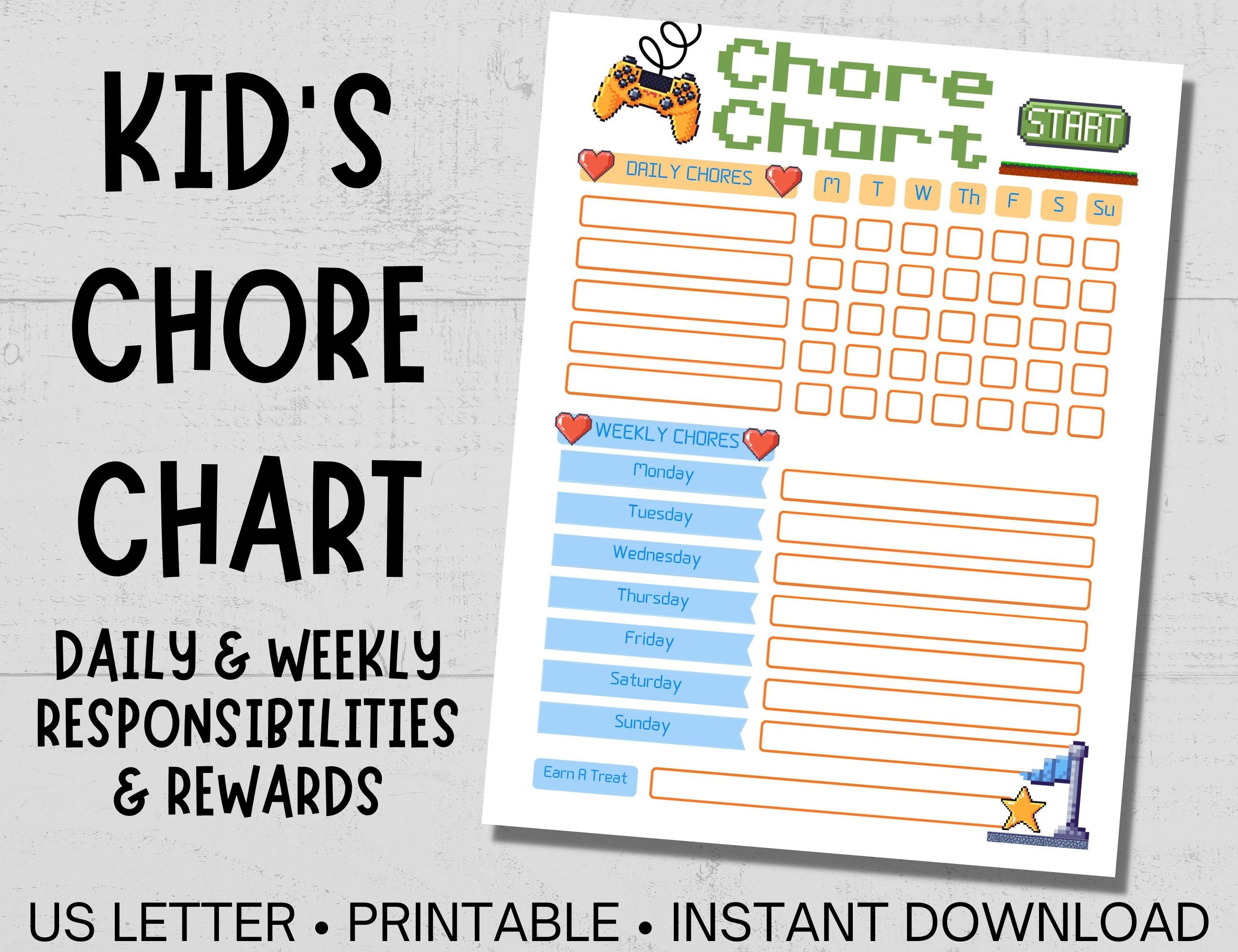 Gamer Chore Chart for Kids, Printable Responsibility Tracker and Reward ...