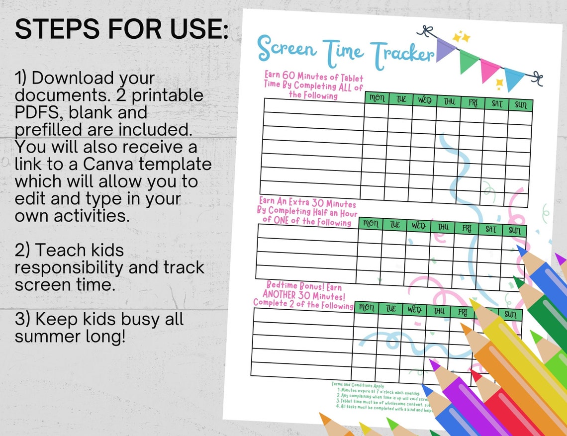 Printable and Editable Kid's & Teens Screen Time Tracker Chore Chart ...