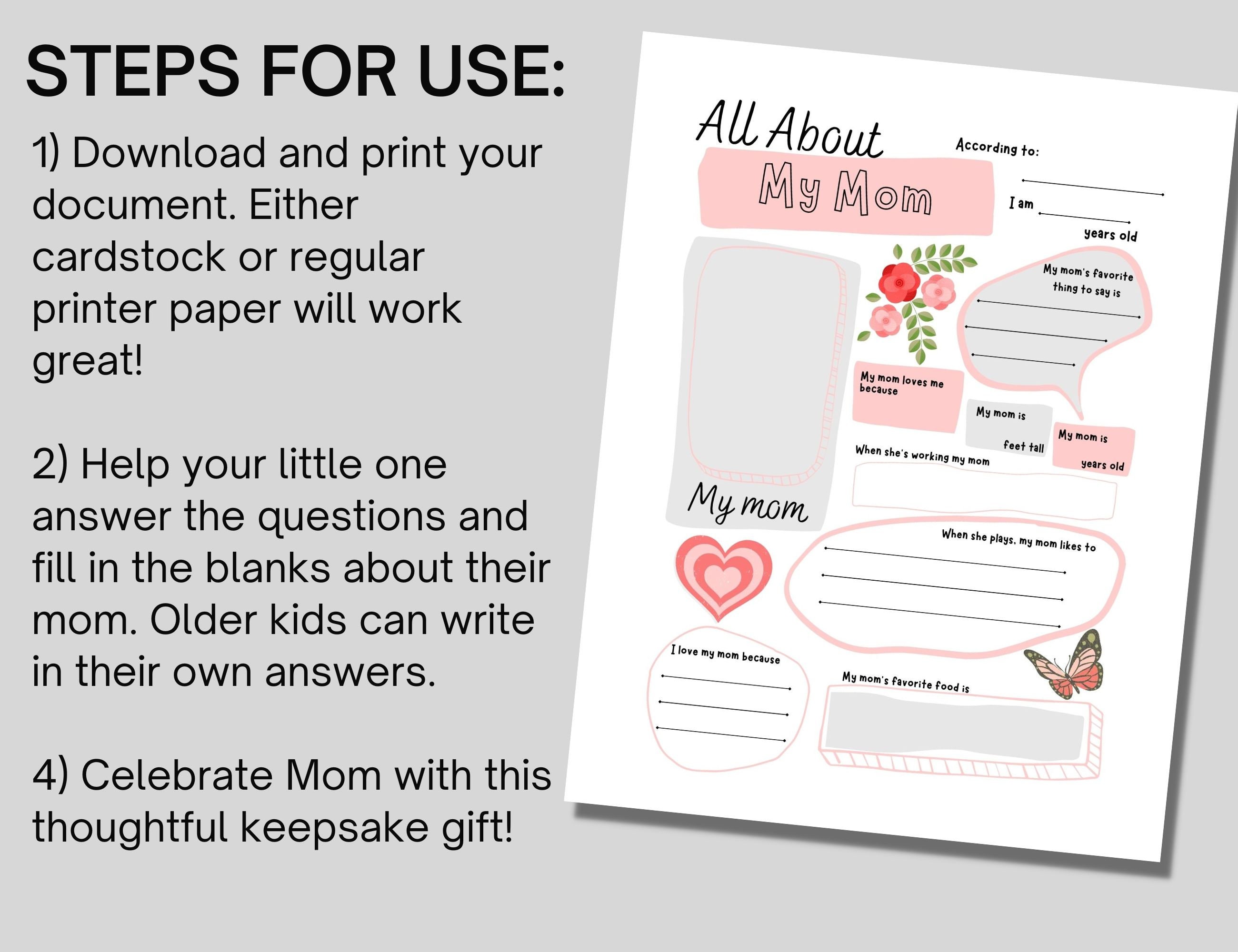 All About Mom, Printable Mother's Day Gift, DIY Present for Mom, Mother ...