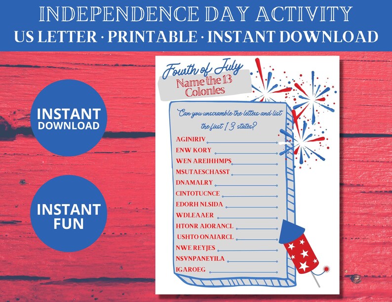 Patriotic Word Unscramble, Name the 13 Colonies Game, Fourth of July ...
