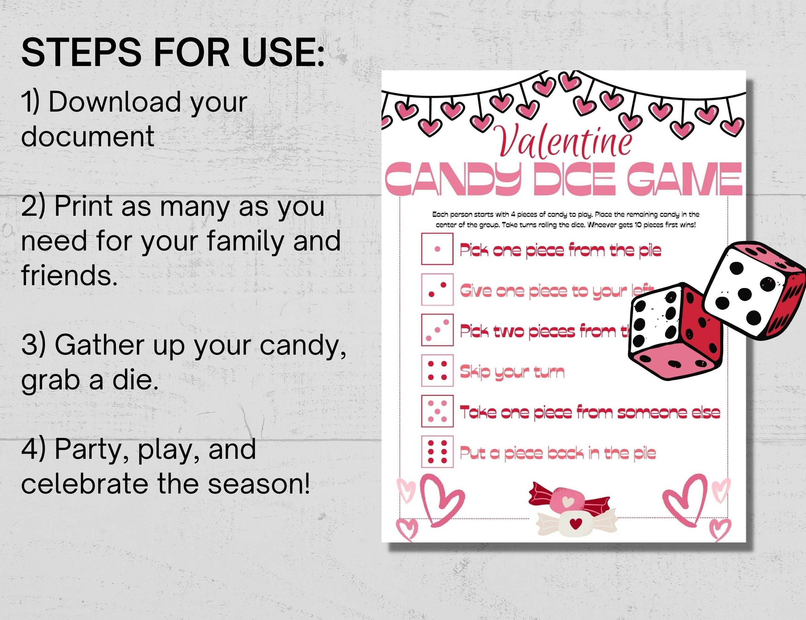 Valentine's Day Candy Dice Game, Printable Valentine Party Game for ...