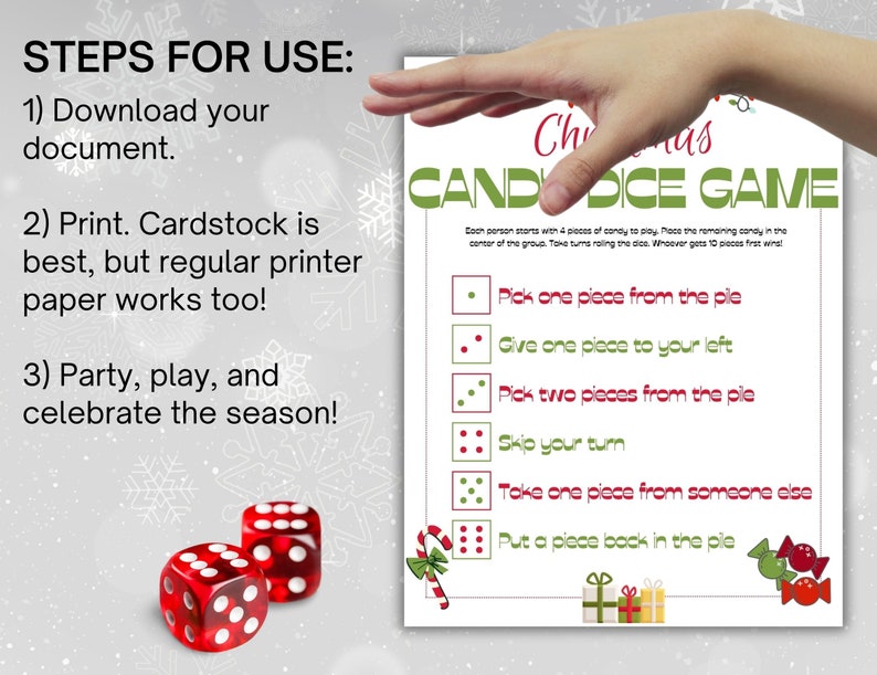 Christmas Candy Dice Game, Printable Christmas Party Game for Kids and ...