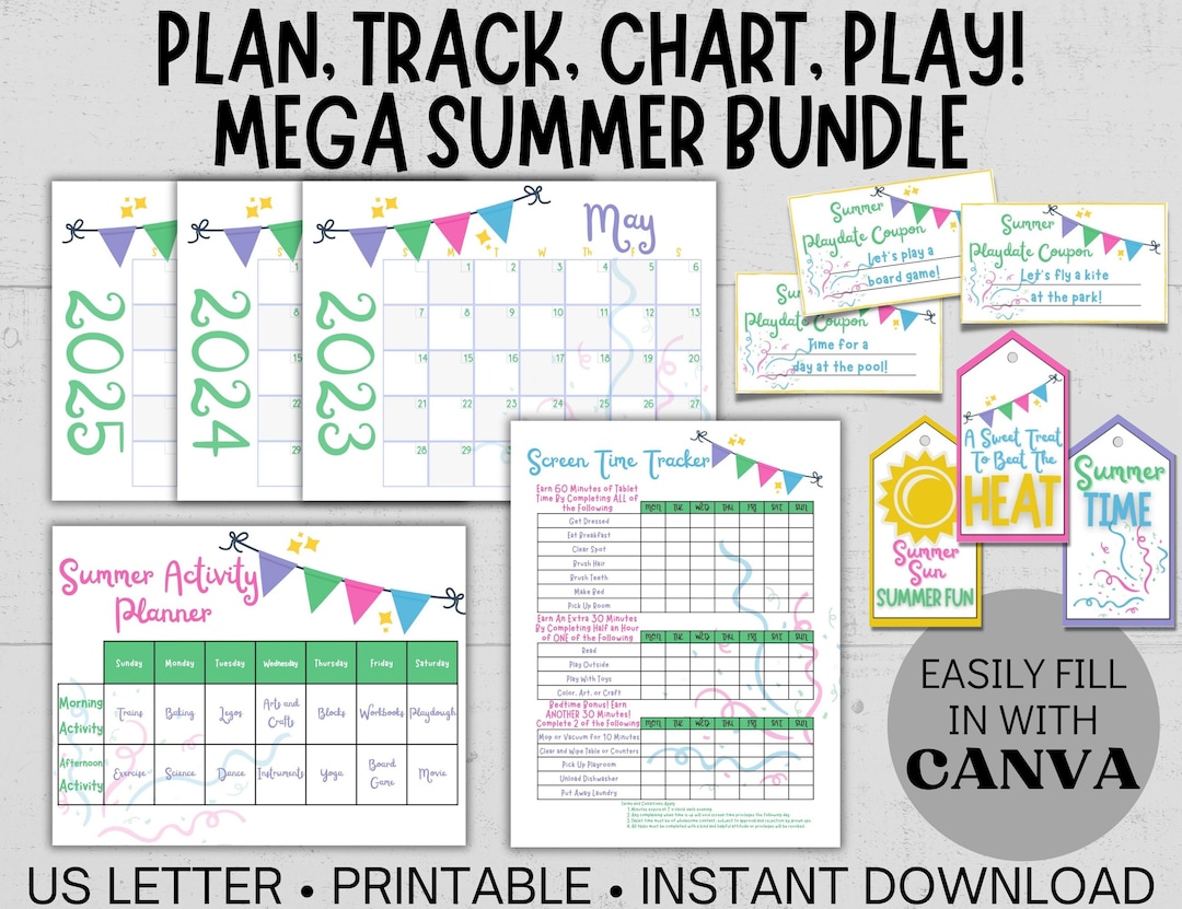Editable Kids' Printable Bundle Summer Activities, Trackers, Tags and ...