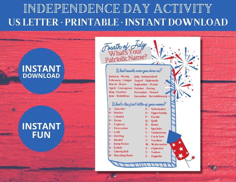 Fourth of July Name Generator, Silly Independence Day Activity - Etsy