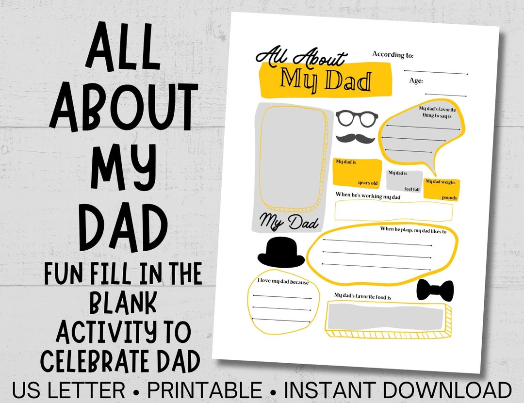 All About My Dad Printable Father's Day Activity, Cute Last Minute Gift ...