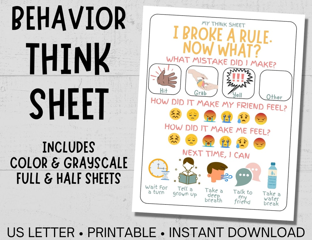 Printable Toddler and Kid's Behavior Think Sheet - Consequence & Social ...
