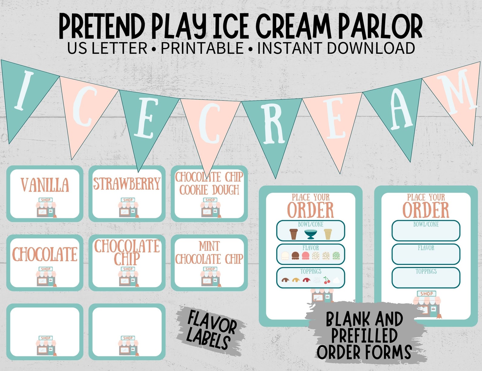 Pretend Play Ice Cream Parlor Printable Bundle, Shop Dramatic Play ...