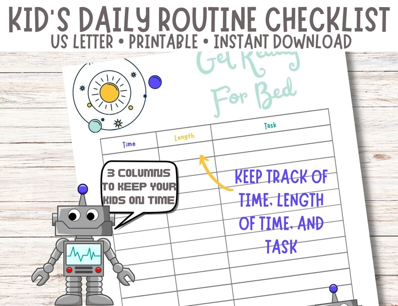 Printable Kid's Daily Routine Chart, Get Ready for Bed, Get Ready for ...