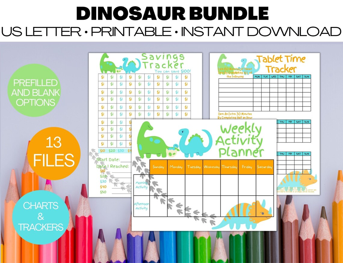 Printable Dinosaur Themed Family Management, Kid Planners, Charts, and ...