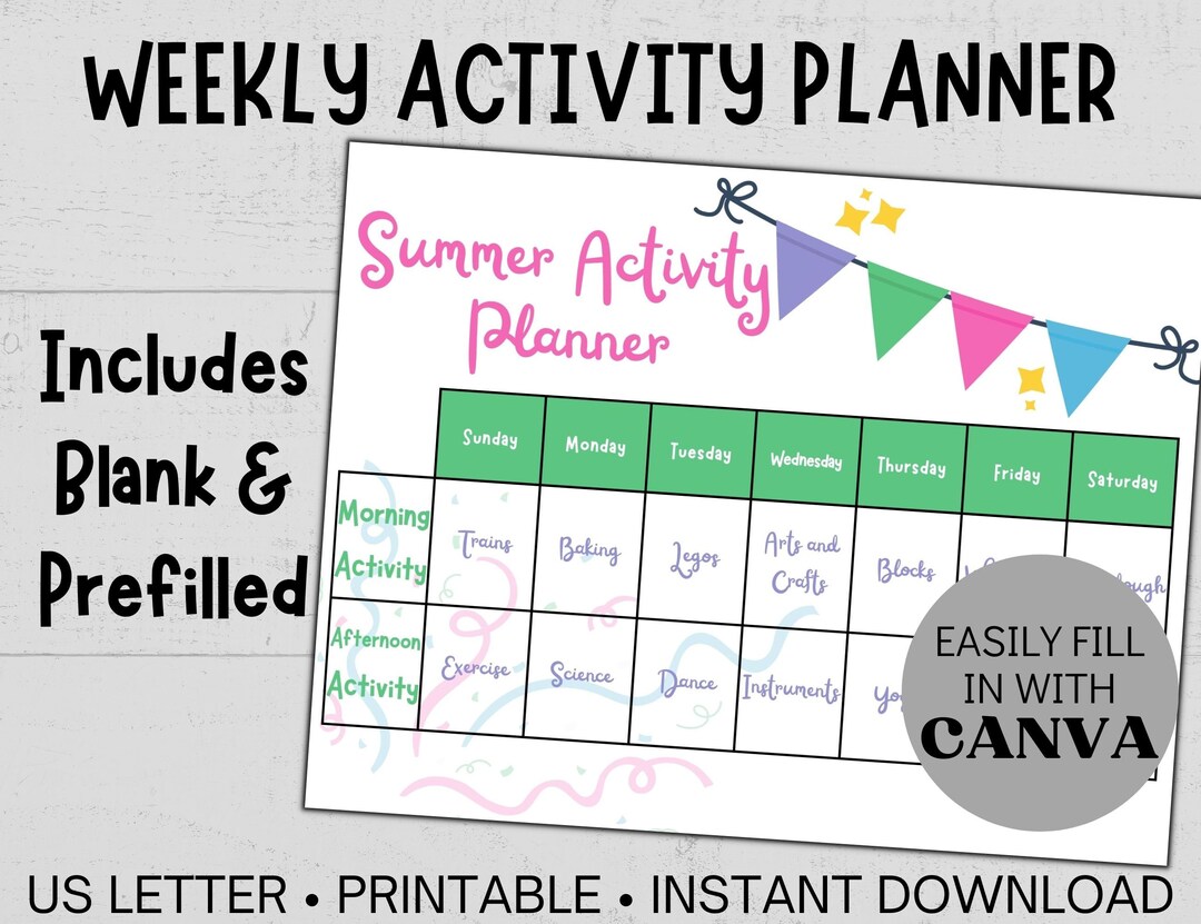 Editable Kids' Summer Activity Planner and Schedule, Fillable Weekly ...