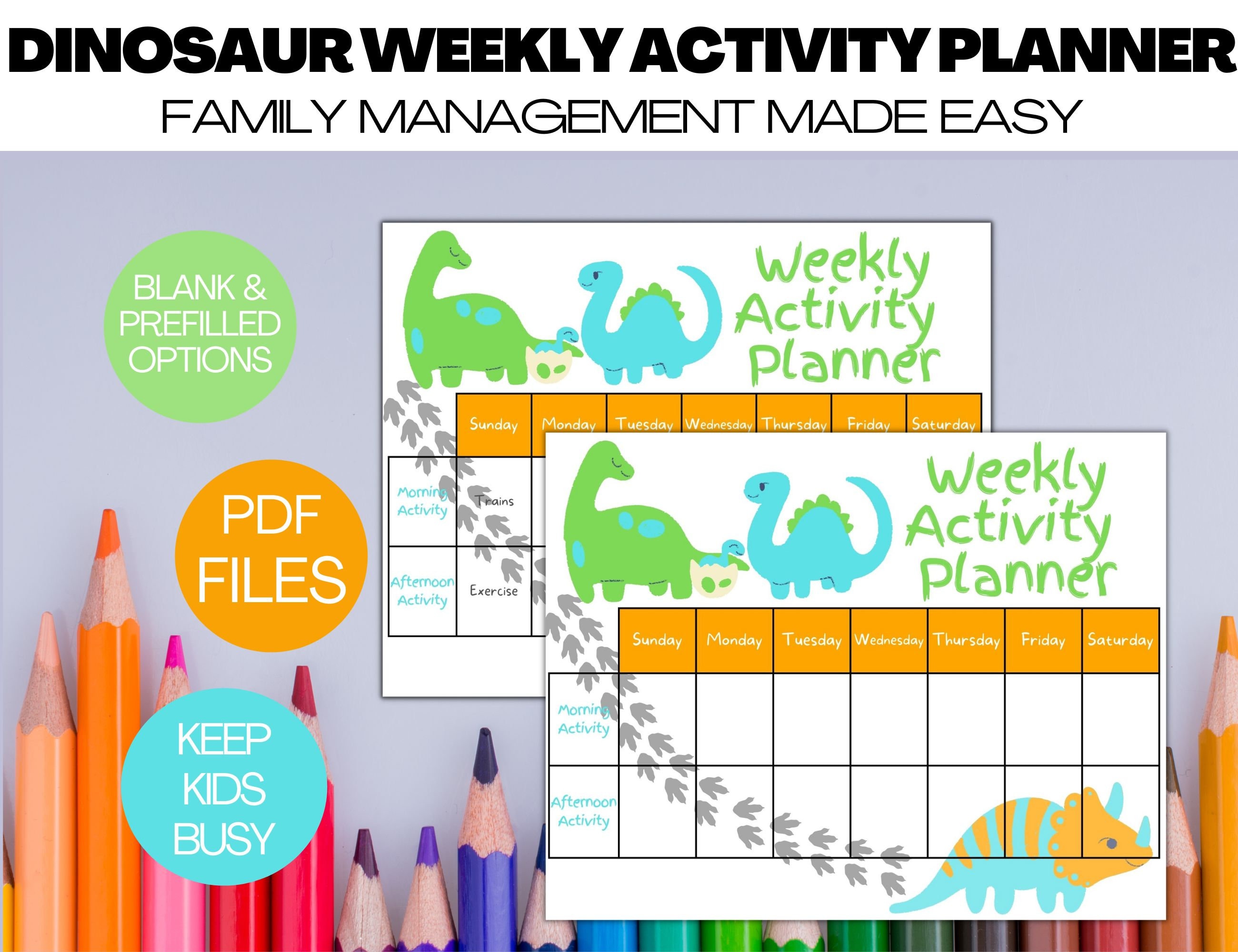 Printable Dinosaur Themed Kids' Weekly Activity Planner Calendar - Etsy