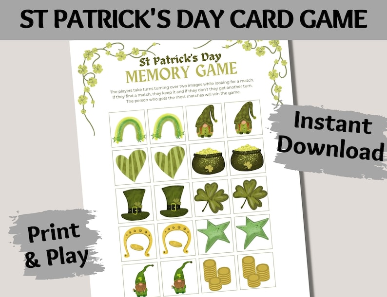 Printable St Patrick's Day Memory Matching Card Game, St Patty's Day ...