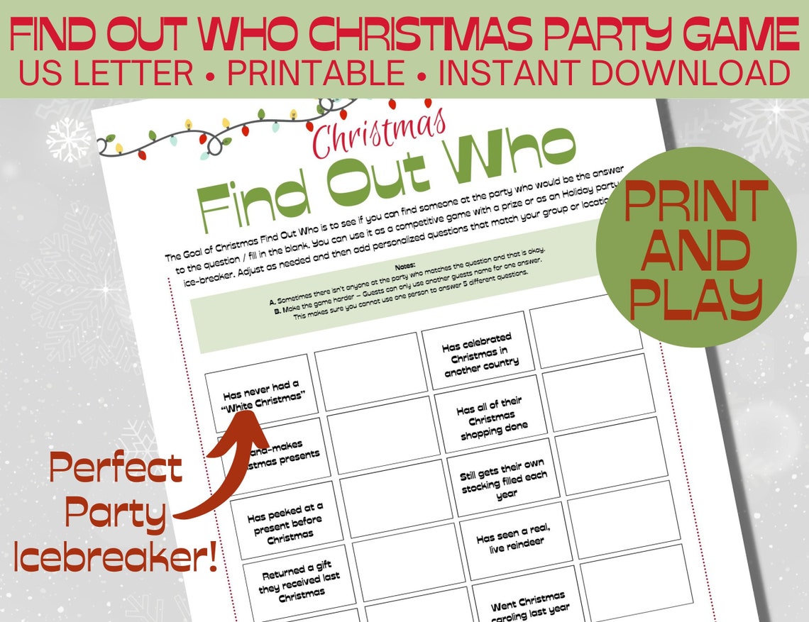 Find Out Who Christmas Party Icebreaker Game Printable Last - Etsy