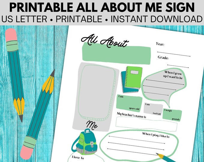 Printable First Day of School Sign All About Me Instant - Etsy