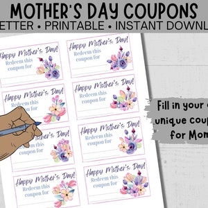 Mother's Day Coupon Book, Printable DIY Gift for Her, Coupons for Mom ...