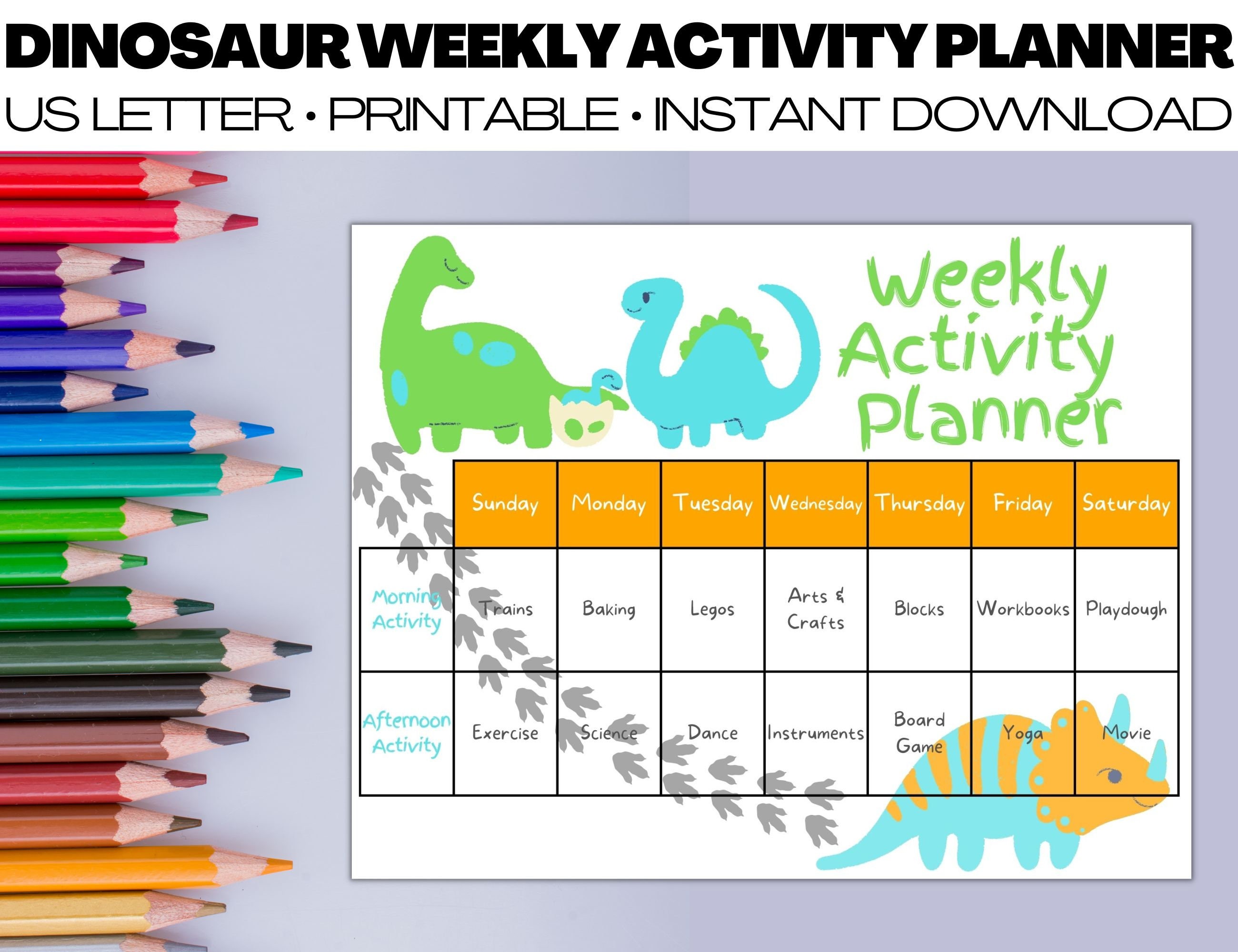 Printable Dinosaur Themed Kids' Weekly Activity Planner Calendar - Etsy