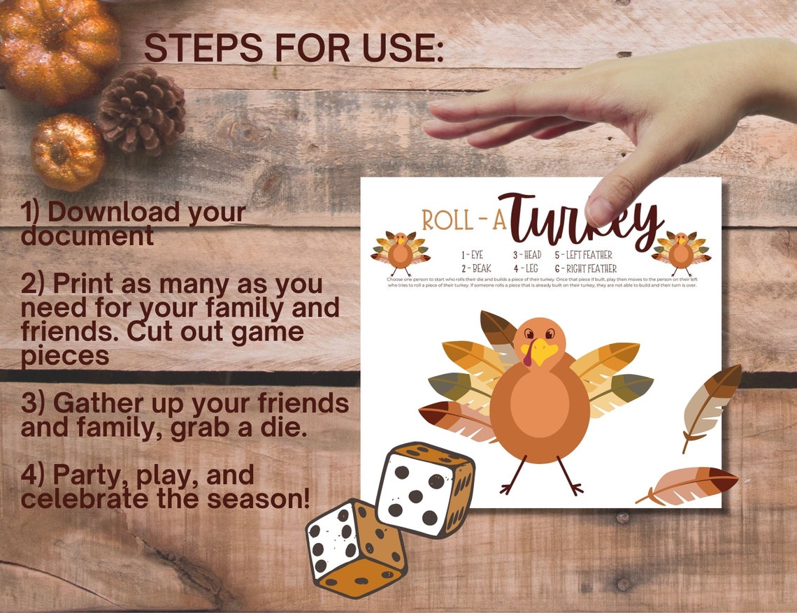 Printable Roll A Turkey Game Thanksgiving Dice Game Roll A - Etsy