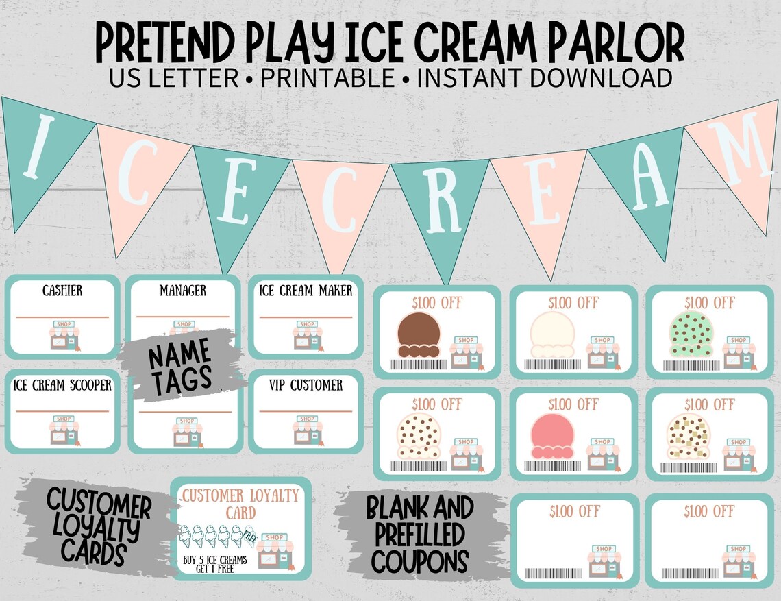 Pretend Play Ice Cream Parlor Printable Bundle, Shop Dramatic Play ...