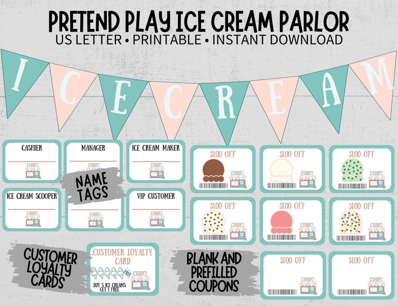Pretend Play Ice Cream Parlor Printable Bundle, Shop Dramatic Play ...