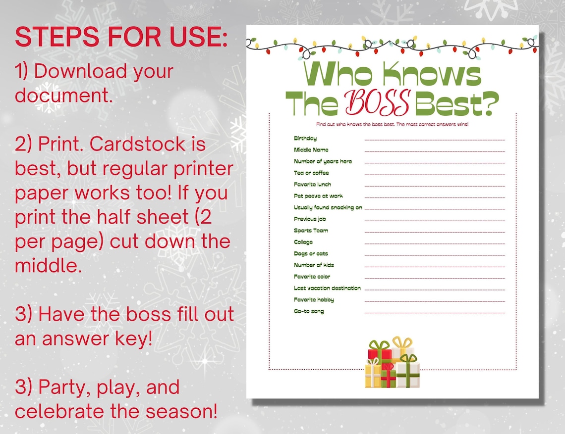 Printable Christmas Office Party Game Who Knows the Boss Best - Etsy