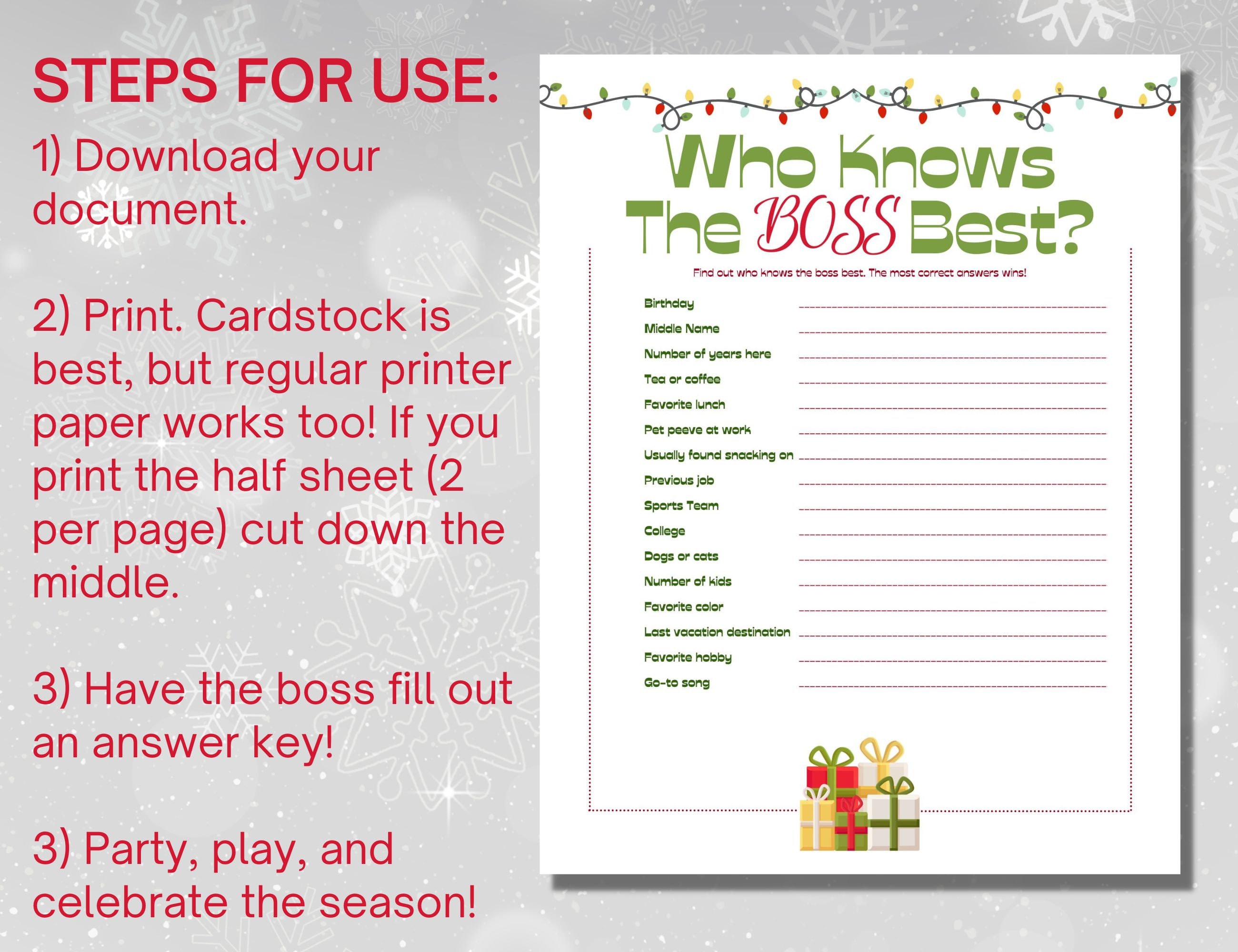 Printable Christmas Office Party Game Who Knows the Boss Best - Etsy