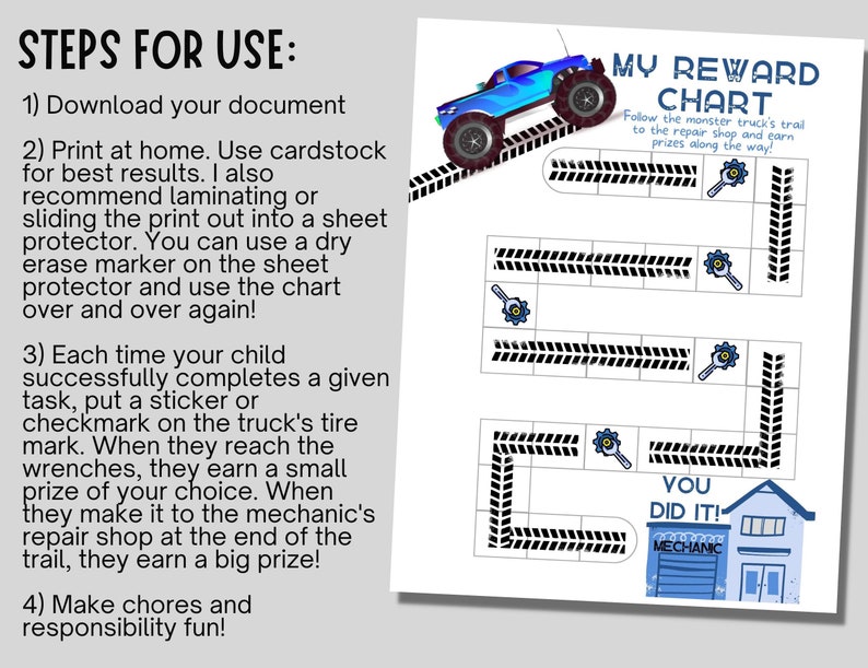 Monster Truck Reward Chart for Kids, Printable Responsibility and ...