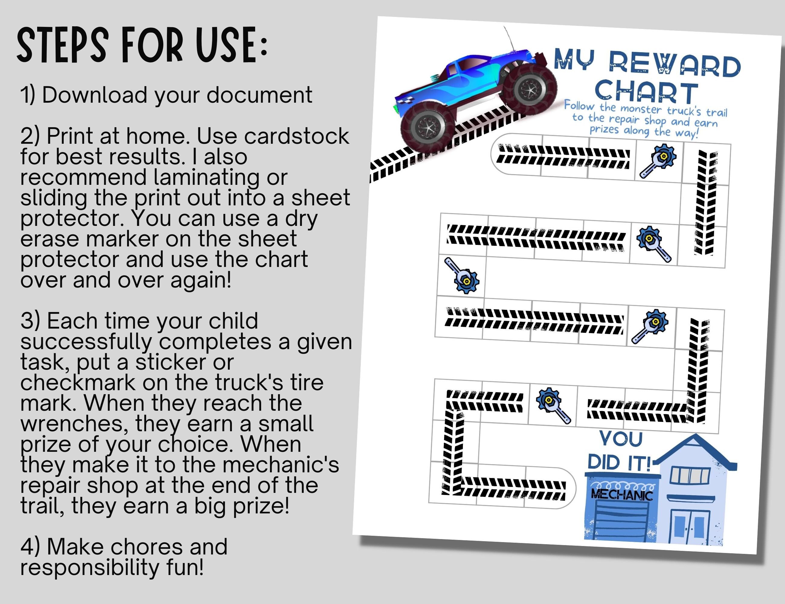 Monster Truck Reward Chart for Kids, Printable Responsibility and ...
