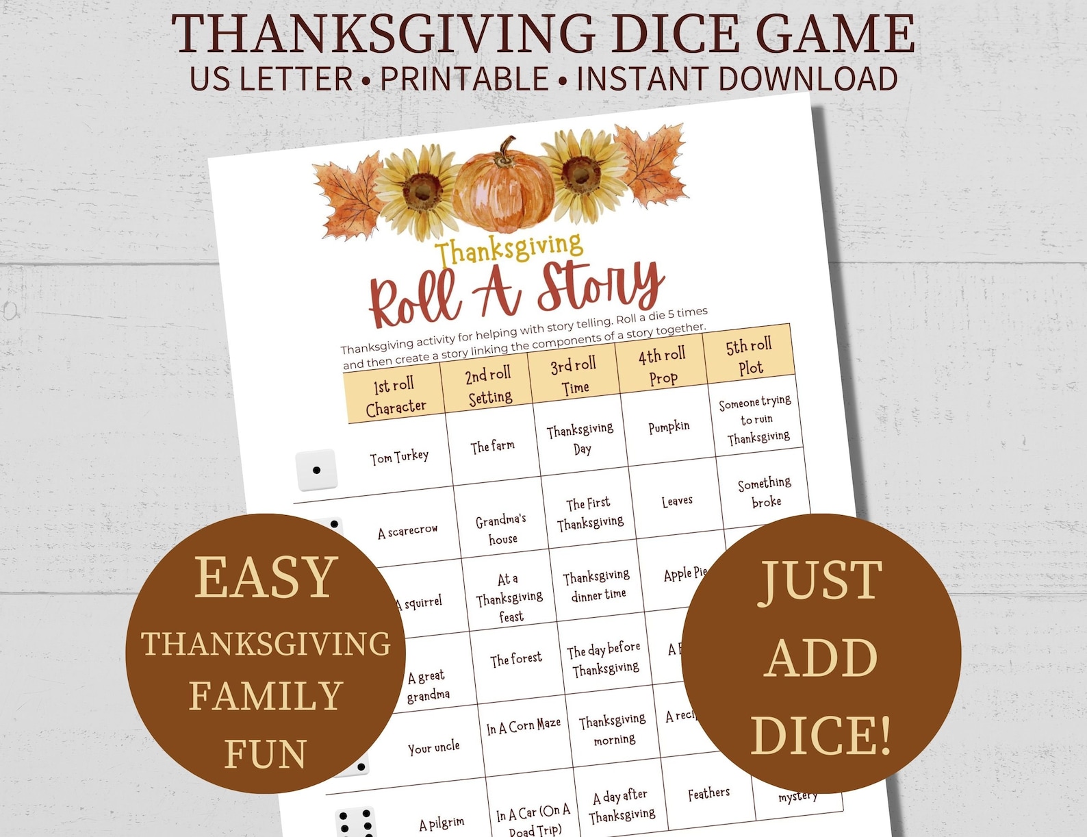 Printable Thanksgiving Roll A Story Dice Game, Thanksgiving Dice Game ...