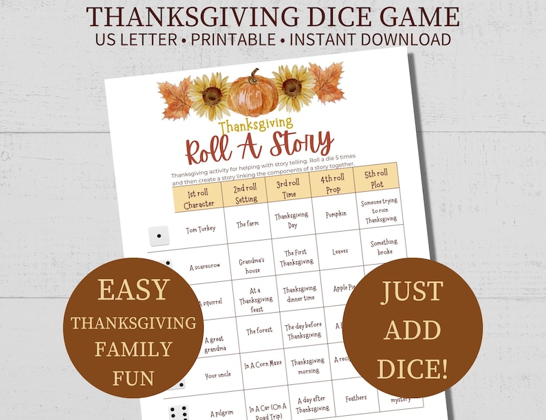 Printable Thanksgiving Roll A Story Dice Game, Thanksgiving Dice Game ...