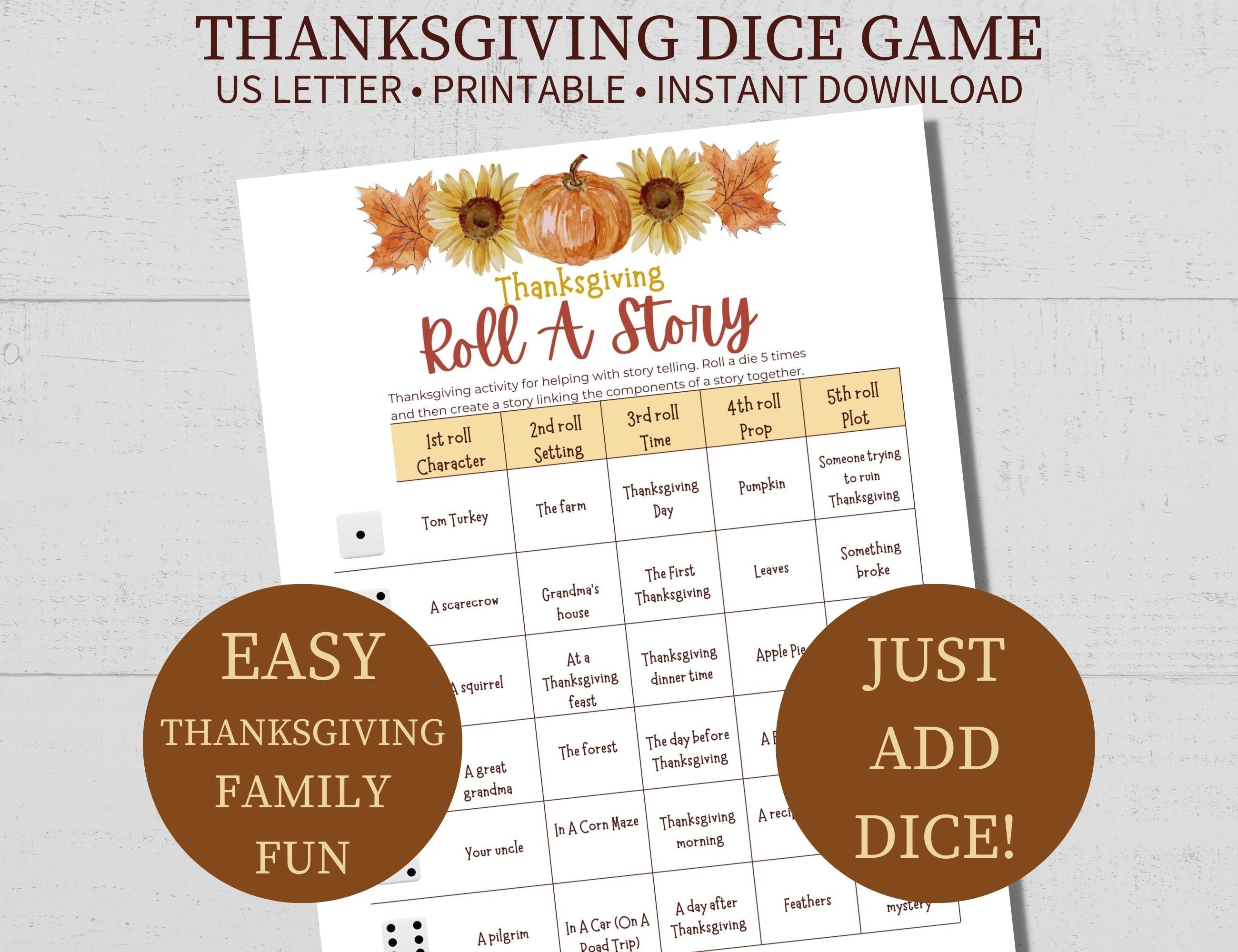 Printable Thanksgiving Roll A Story Dice Game, Thanksgiving Dice Game ...