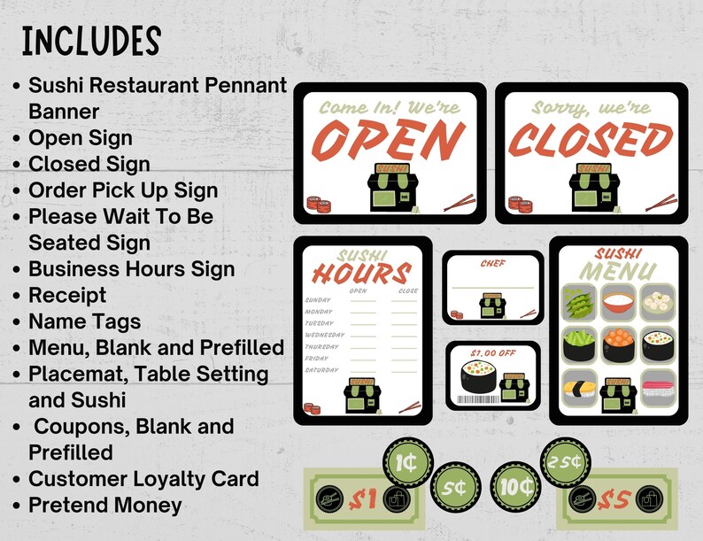 Pretend Play Sushi Restaurant Printable Bundle, Kitchen Dramatic Play ...
