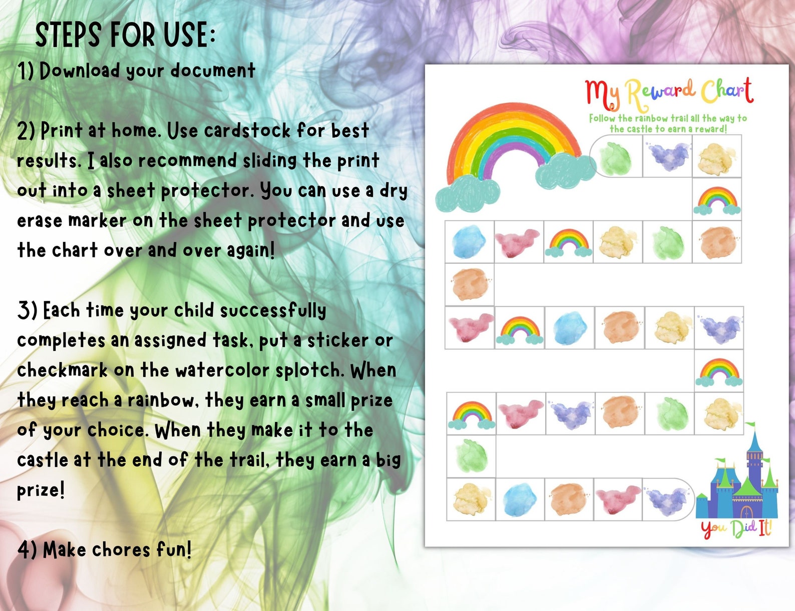 Printable Rainbow Castle Rewards Chart for Kid's Behavior Routine and ...