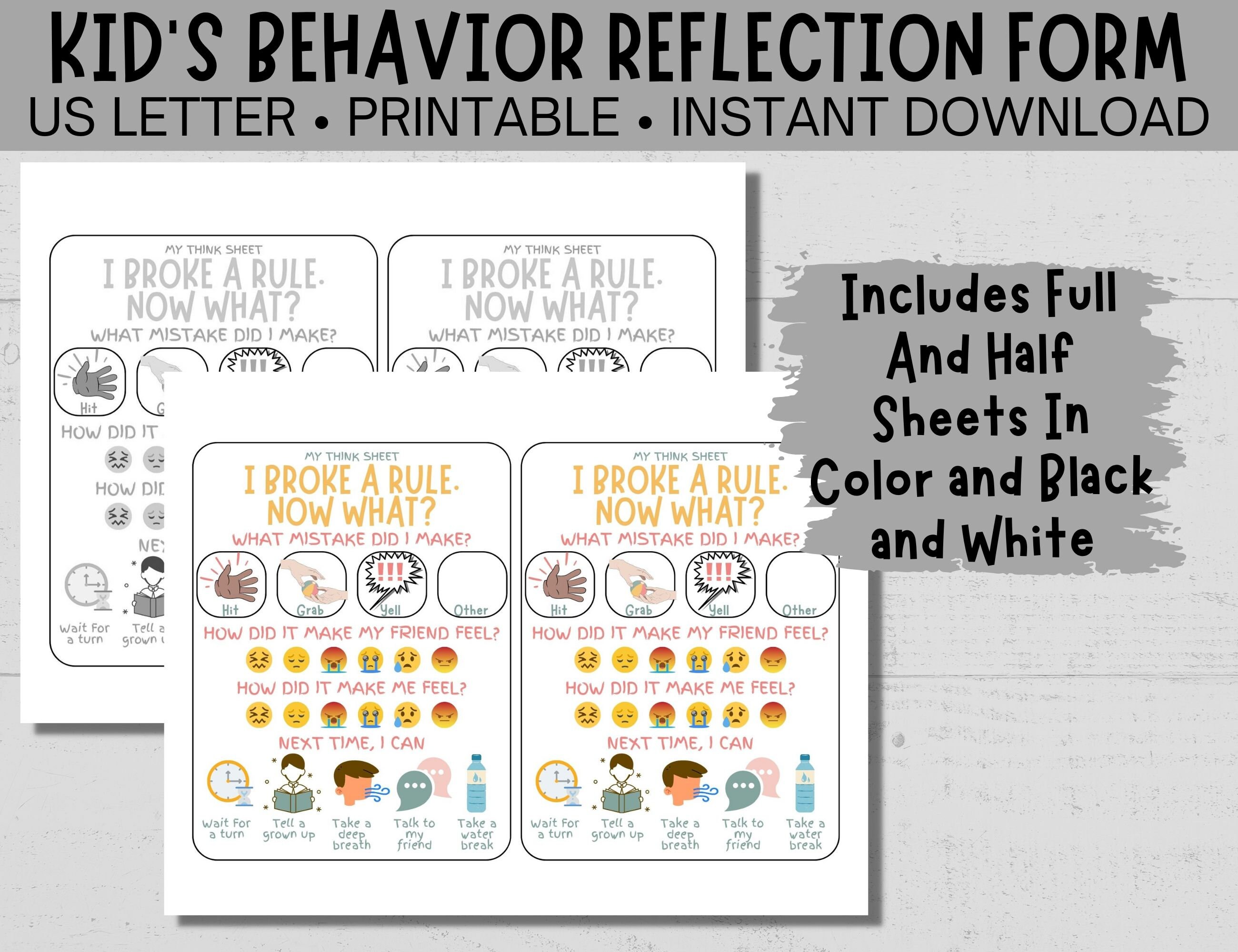 Printable Toddler and Kid's Behavior Think Sheet - Consequence & Social ...