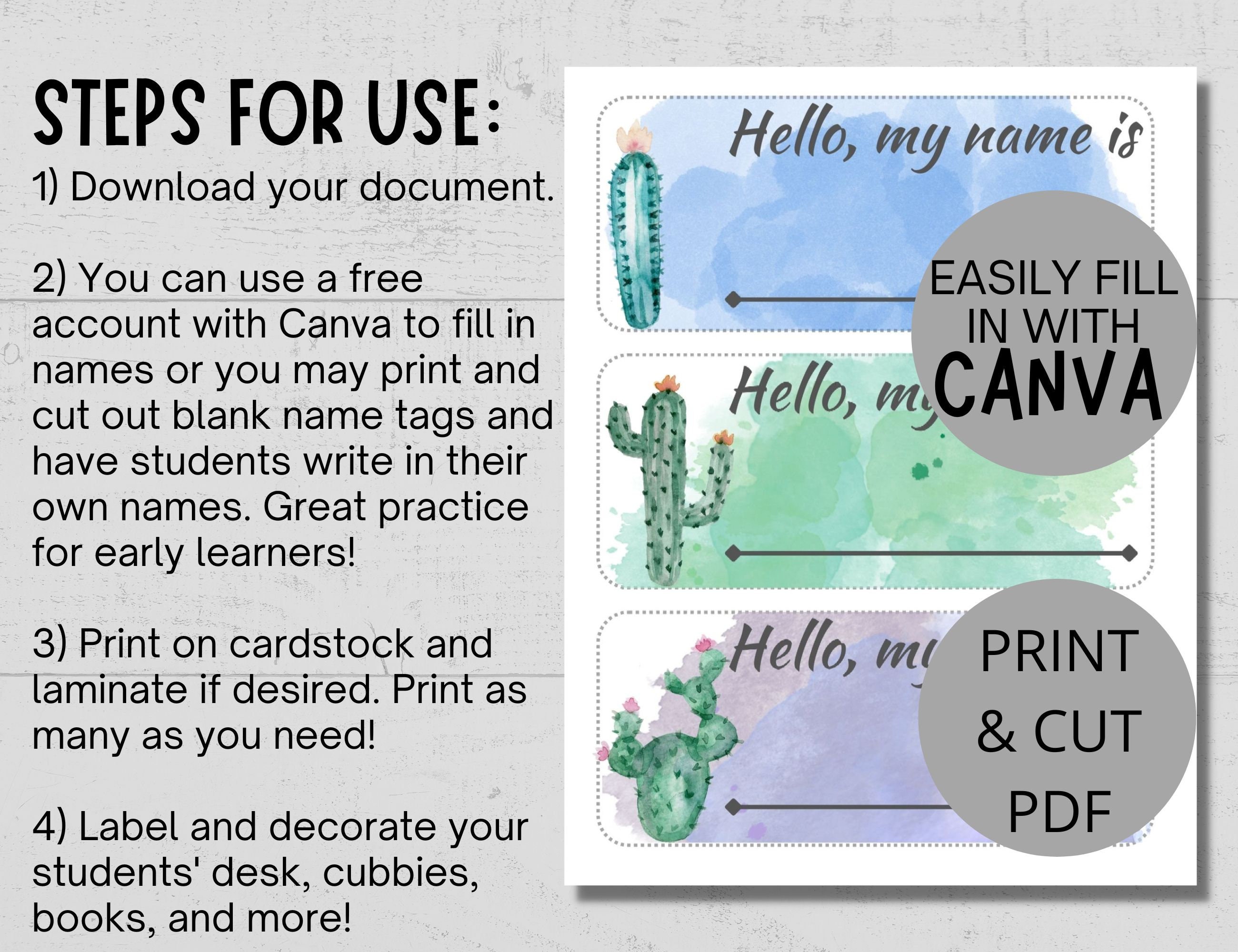 Editable Student Name Tags, Fill and Print Class Name Tags, Cactus ...
