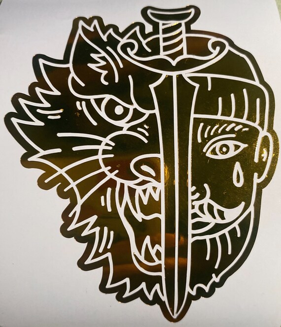 American Traditional Half Man Half Wolf Sticker - Etsy