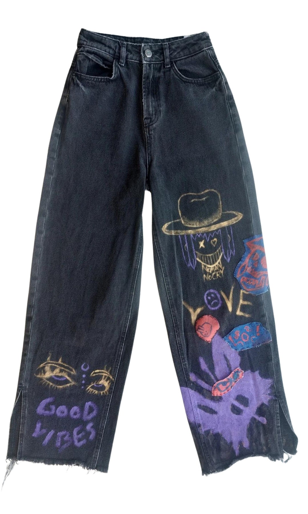 Custom Baggy Pants With Patches/bleach&hand Painted - Etsy