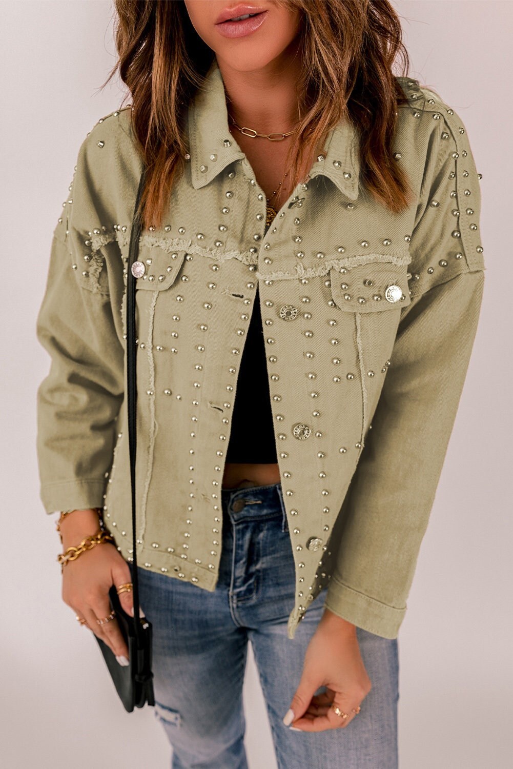 Frayed Trim Rivet Green Denim Jacket - Etsy