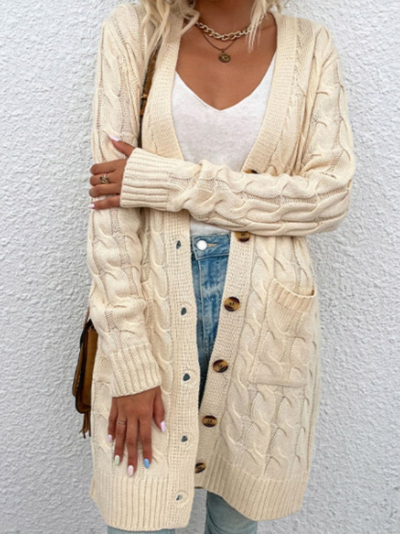 Cable Knit Button Down Longline Cardigan With Pockets In Cream Etsy
