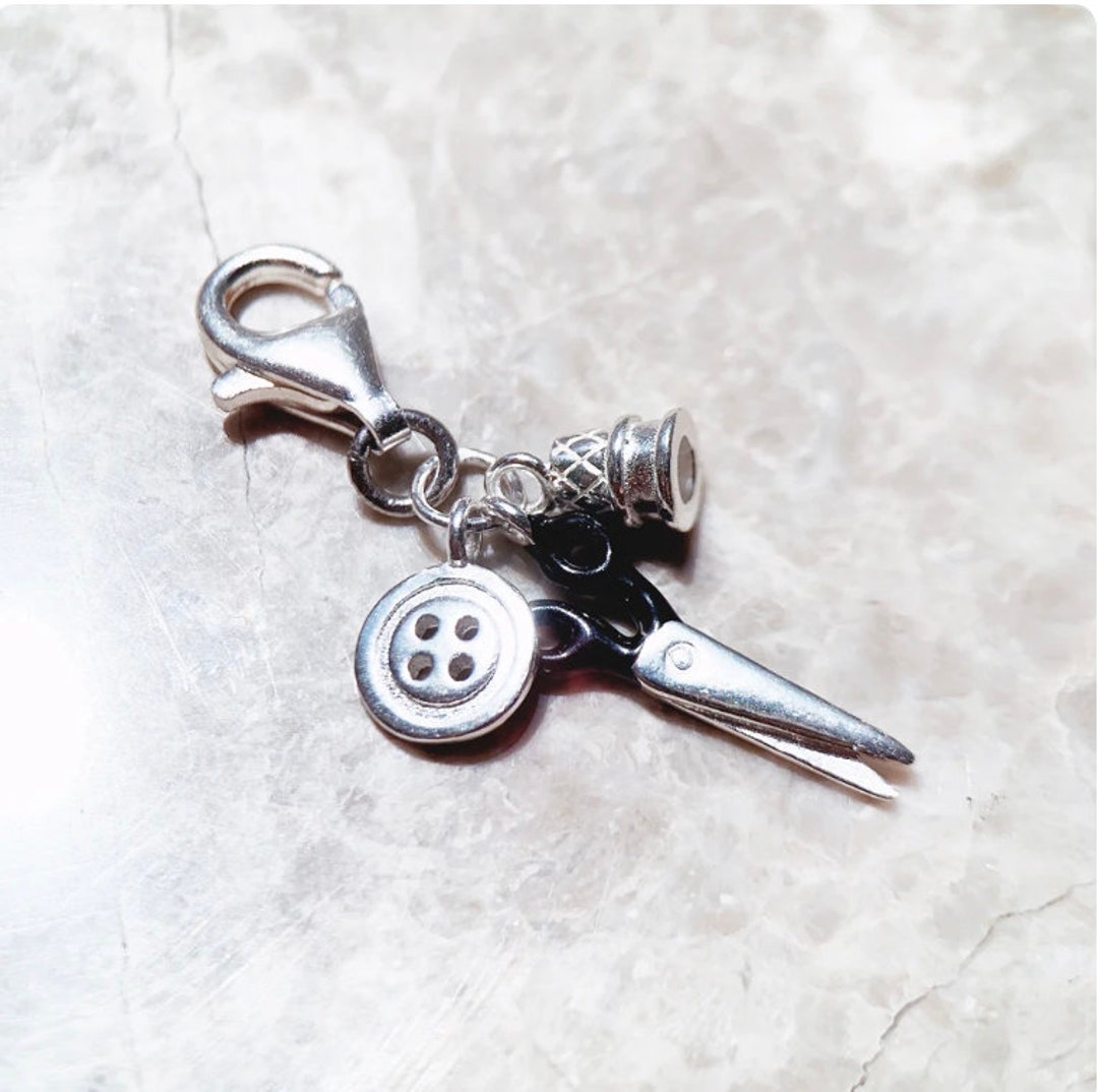 Thimble Scissors Button Charm Sewing Kit Pendant Charm 925 - Etsy
