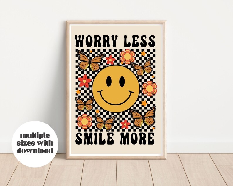 Worry Less, Smile More | Retro Art Print, Cute Print, Trendy Prints ...