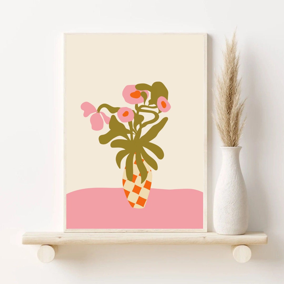 Retro Flowers | Checkers, Pink Flowers, Digital Download, Instant Print ...