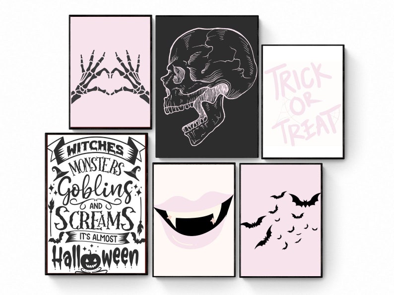 Set of 6 Pink Halloween Posters, Cute Halloween Prints, Halloween ...