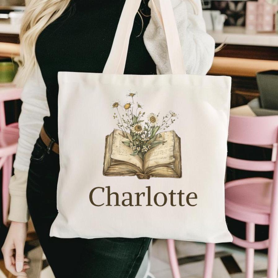 Custom Birth Flower Tote Bag, Bookish Gift for Her, Light Academia ...