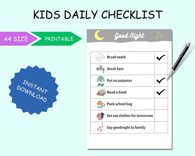 Set of Kids Daily Checklists A4 Size | Kids Checklist | Daily Checklist ...
